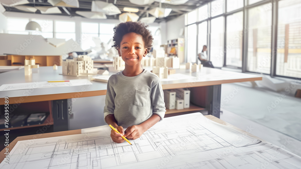 Young Boy as an Architect, Blueprints on the Table in Modern Office ...
