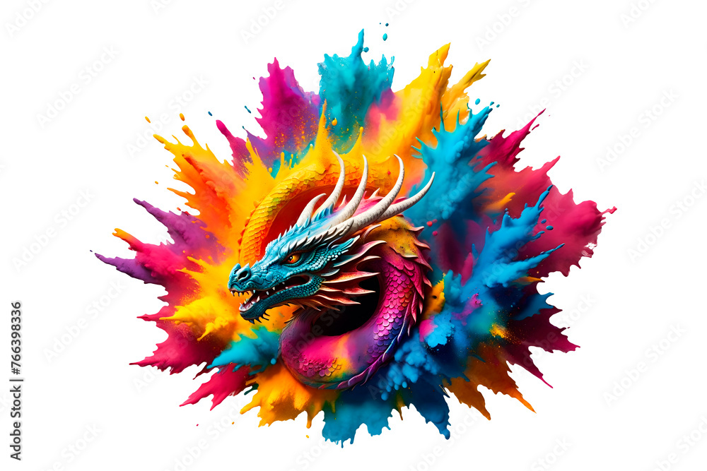 Multicolor powder paint explosion splashing a dragon isolated on ...