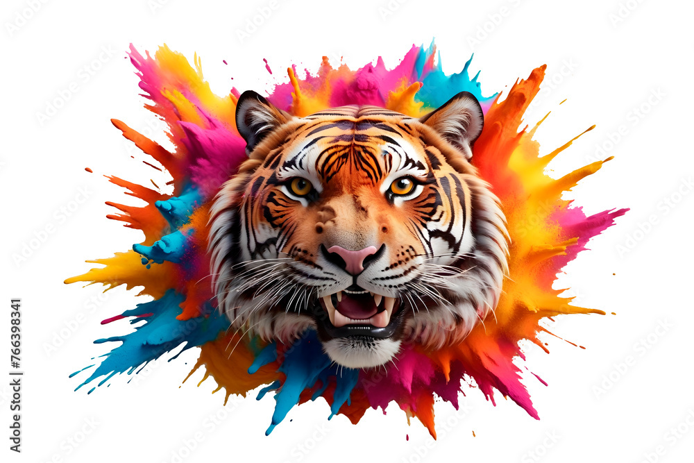 Multicolor powder paint explosion splashing on a tiger isolated on ...