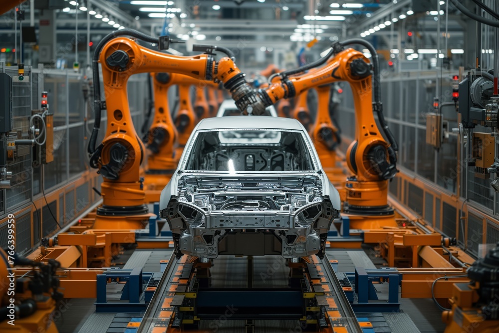 Car chassis is held by robotic arms, positioned in the center of an ...
