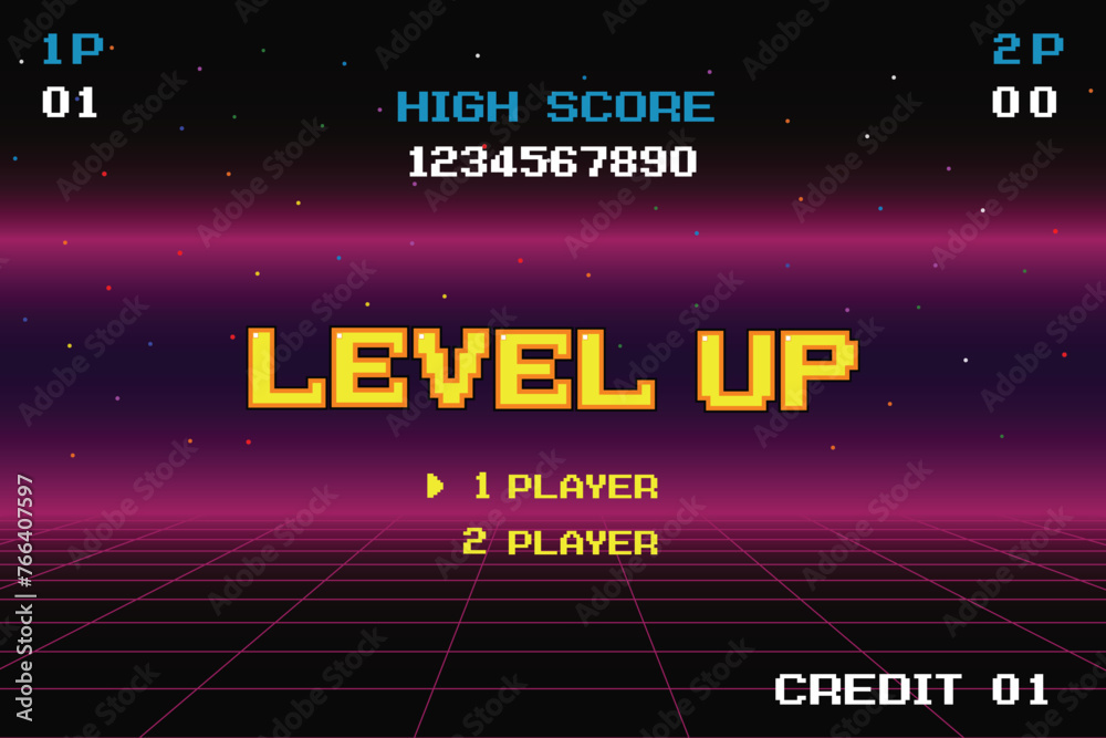LEVEL UP. 1 player. Synthwave wireframe net illustration. pixel art .8 ...