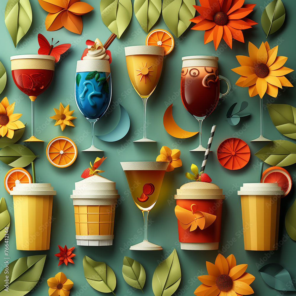 A colorful collage of coffee cups, orange juice glasses and cocktail ...