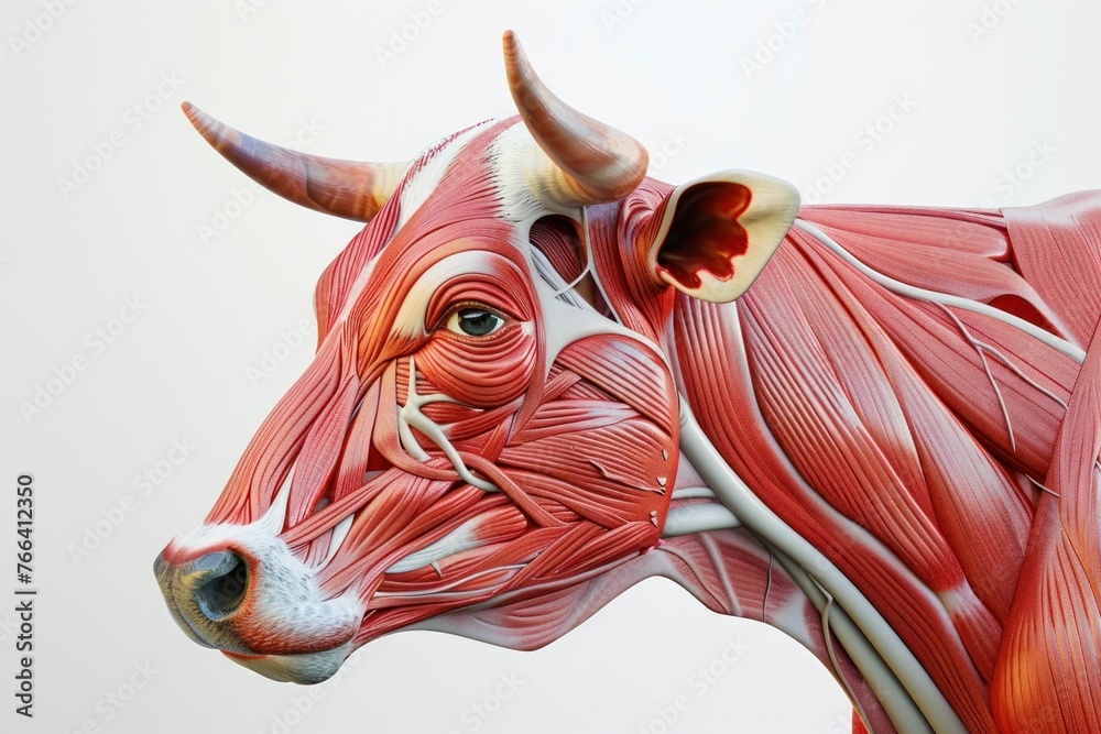 Bull anatomy showing body and head, face with muscular system visible ...