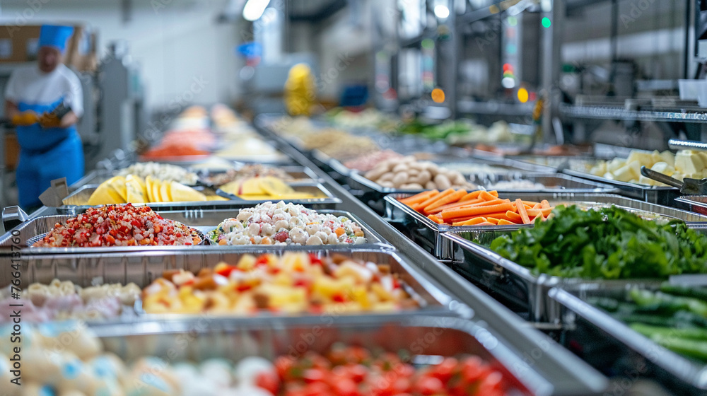 A bustling frozen food processing line with a variety of foods moving ...