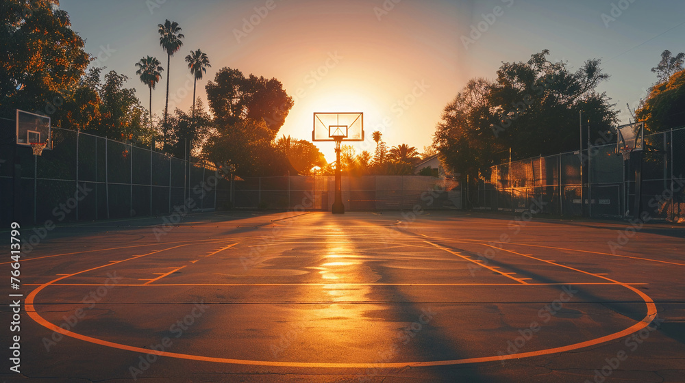 A serene basketball court under the glow of sunset athletes in focused ...