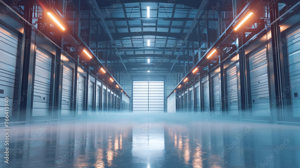 Vast warehouse interior showcasing rows of towering industrial freezers ...
