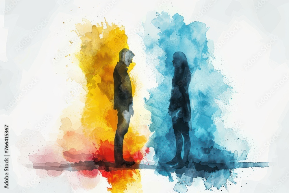 painted color ink illustration man and woman stand with their backs to ...