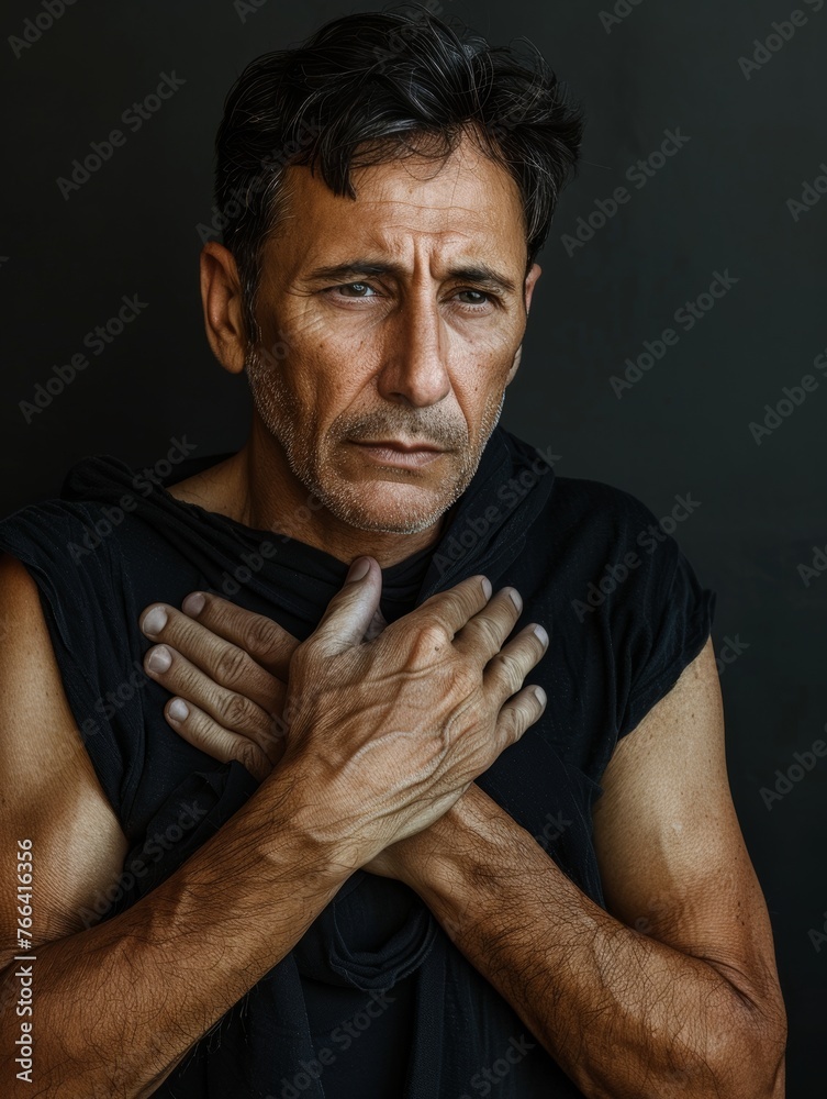 Man Gripping His Sore Xiphoid Process in His Lower Chest Generative AI ...