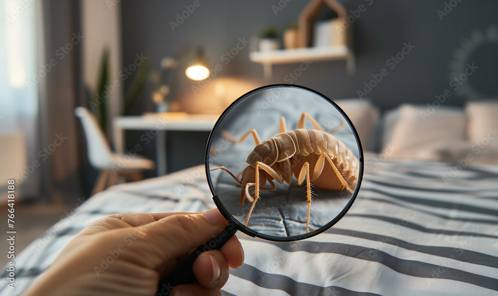 dust mites seen through the magnifying glass in bed, microscopic detail ...
