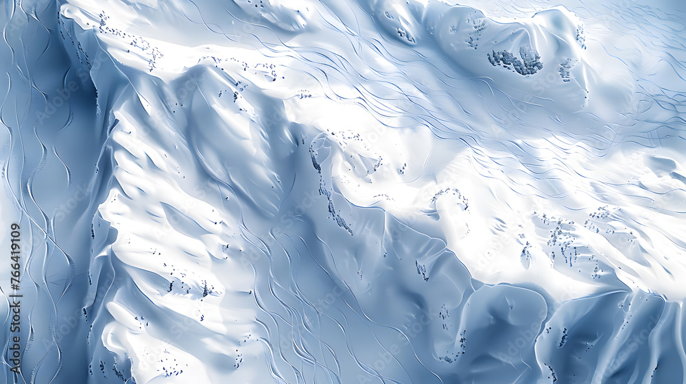 Bird's eye perspective of a snowy mountain range, with ski tracks, wide ...