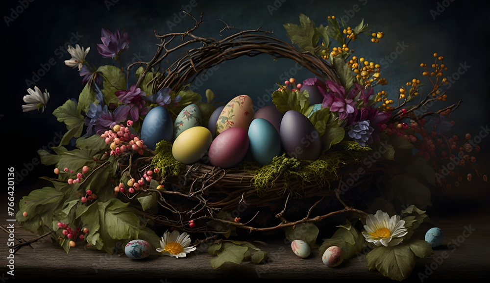 Symbolizing rebirth and new beginnings, a rustic basket contains an ...
