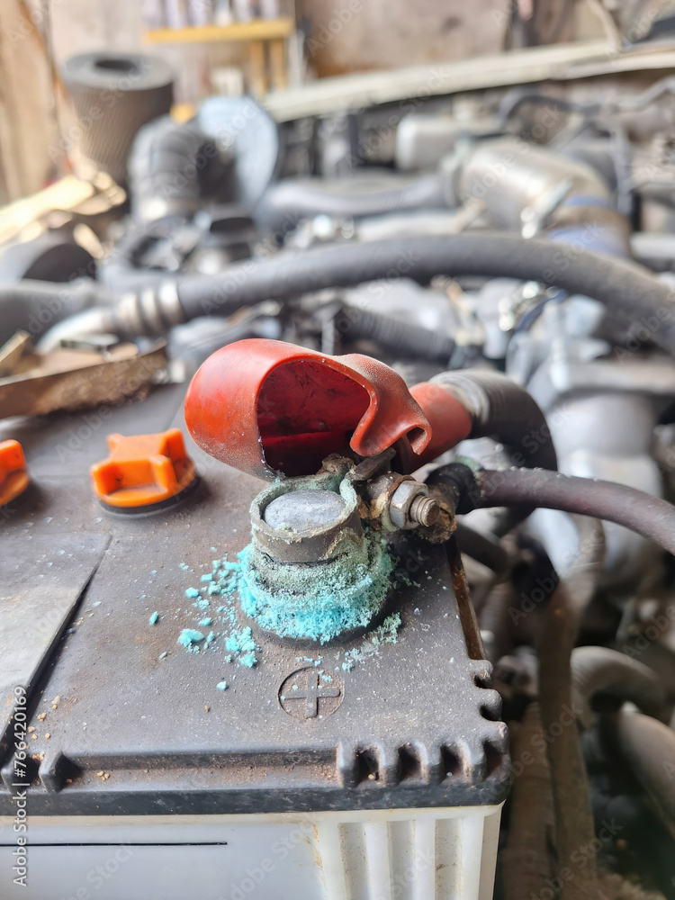 A corroded car battery terminal. Oxidized and dirty car battery ...