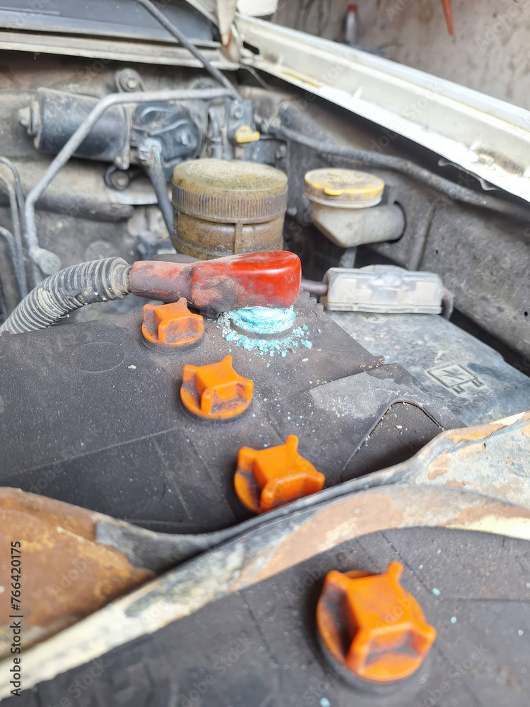 A corroded car battery terminal. Oxidized and dirty car battery ...