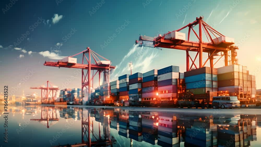 Container truck in ship port for business Logistics and transportation ...