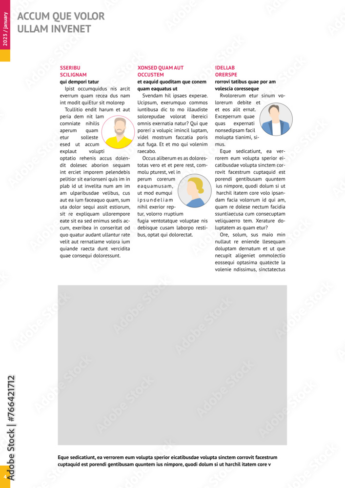 magazine mockup, annual report mockup with pink headers, four-column ...