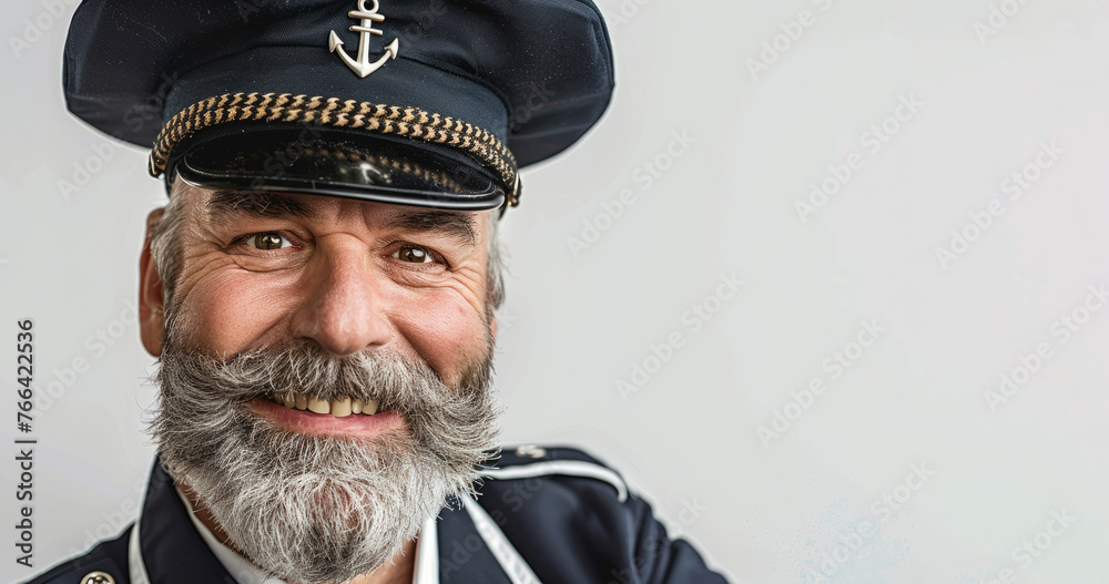 A man with a captain's hat on and a big smile, is wearing a blue hat. a ...