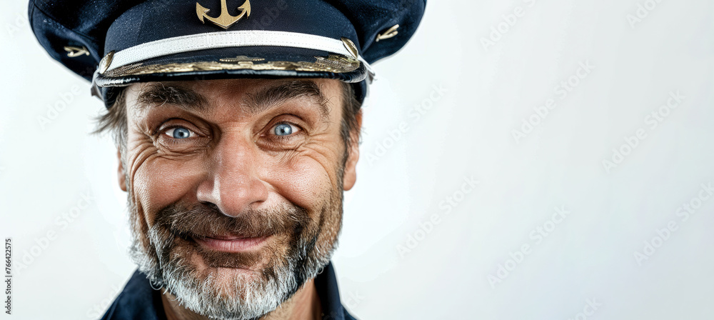 A man with a captain's hat on and a big smile, is wearing a blue hat. a ...