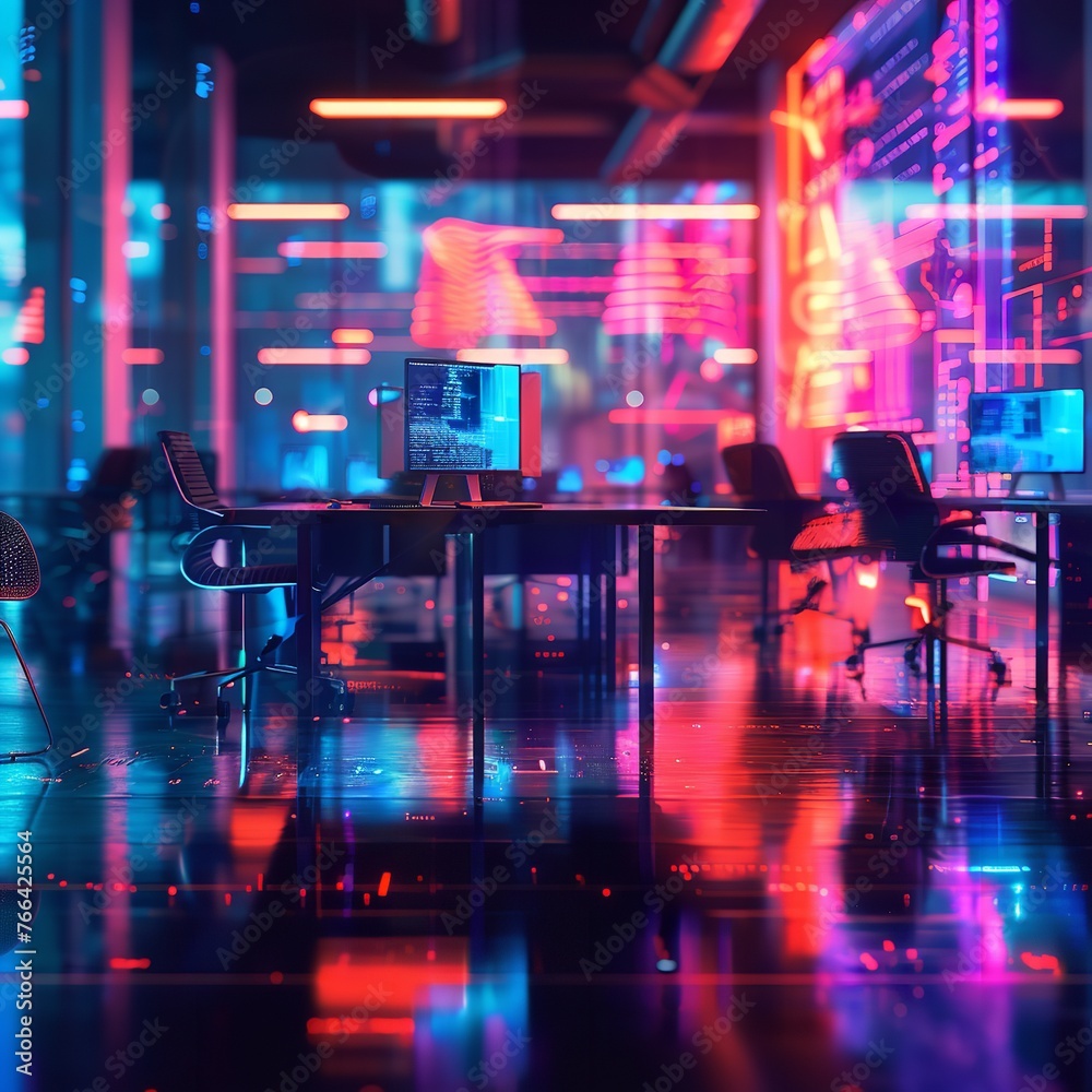 Modern neon cyberpunk open space office interior blurred with ...