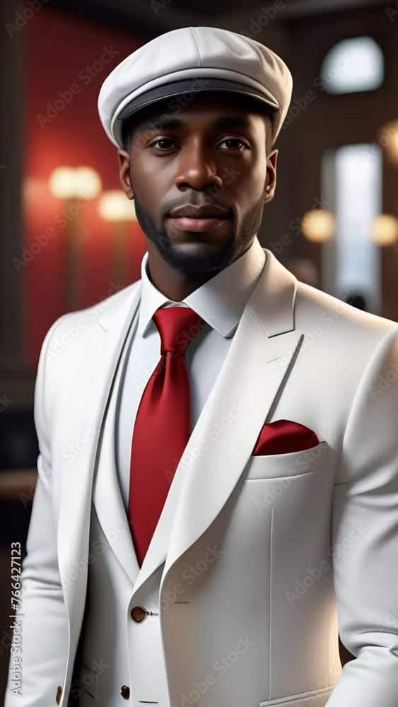 Black man dressed in a stylish white suit with a red tie and ...