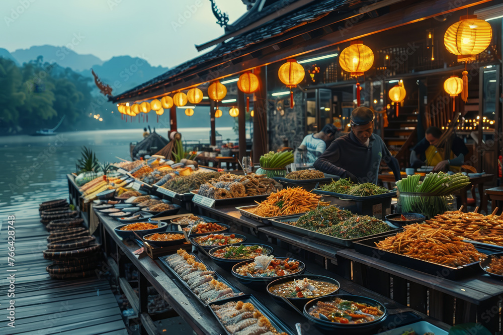 Street food market scene showcasing an array of traditional dishes ...