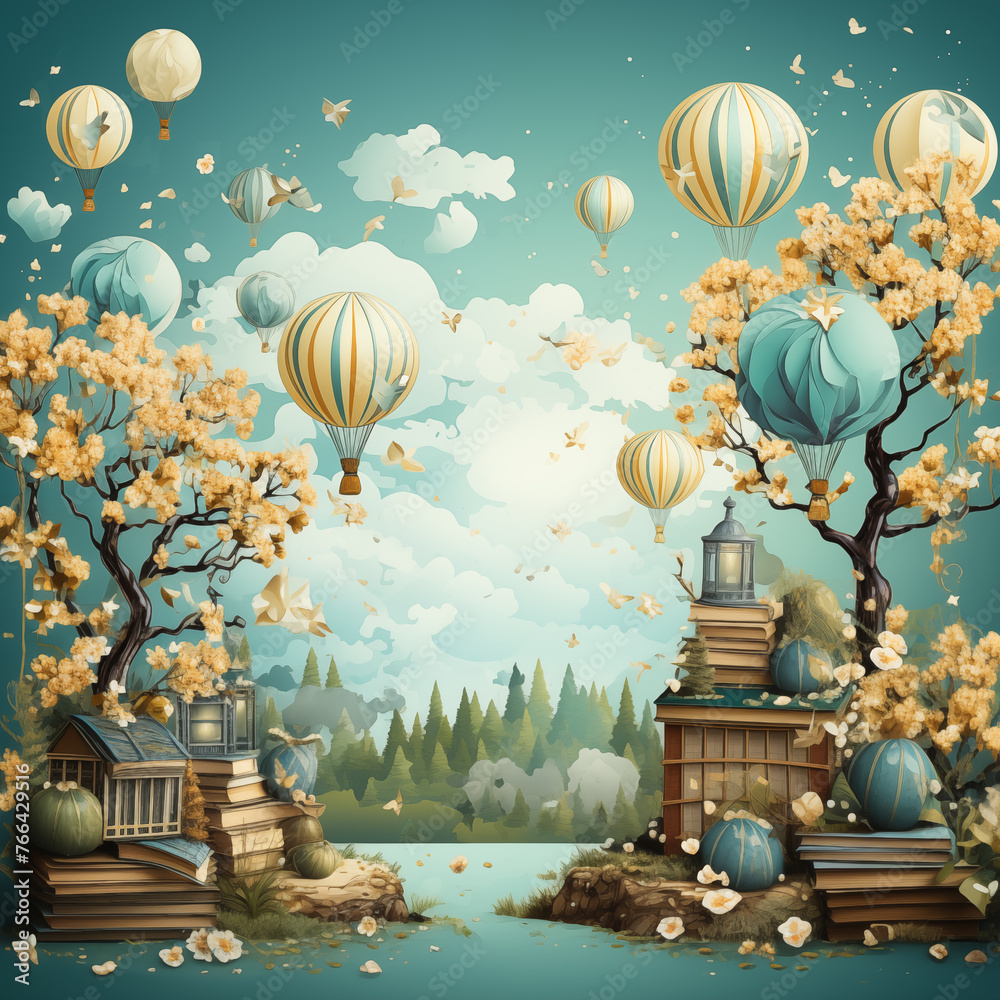 hot air balloon flying over the city background for graduation albums ...