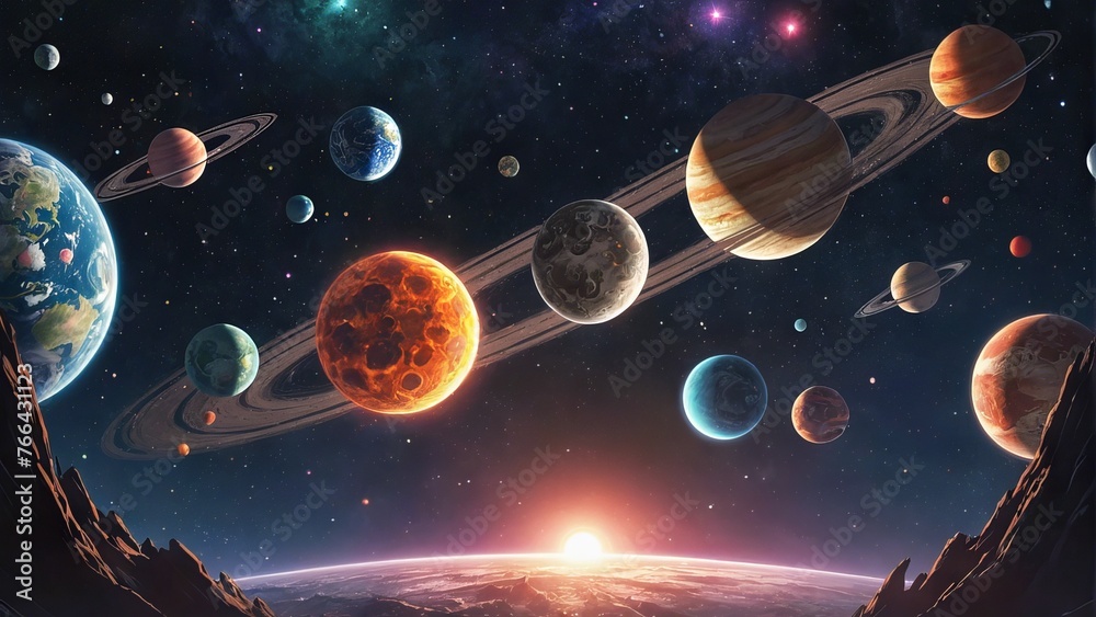 Cartoon solar system with bright planets on a dark cosmic background ...