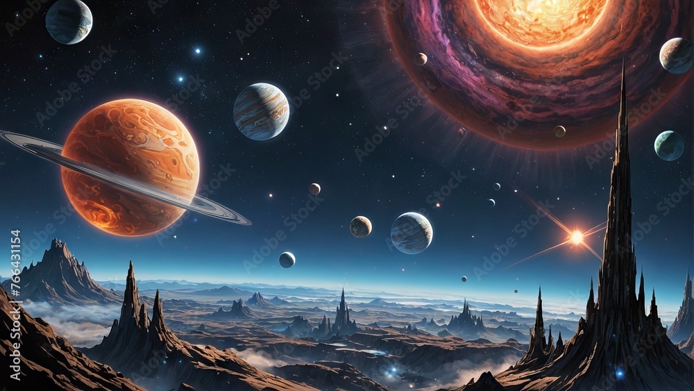 Cartoon solar system with bright planets on a dark cosmic background ...