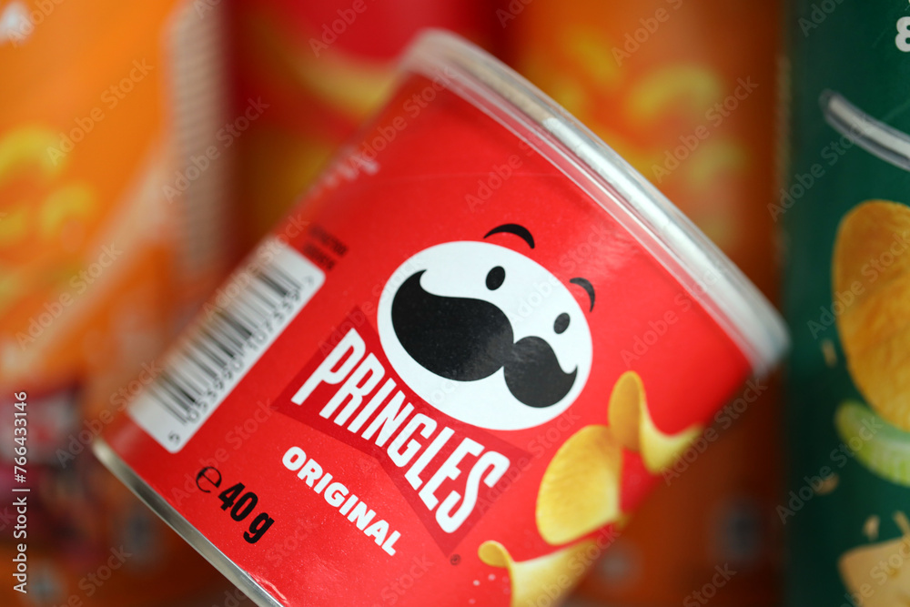 KYIV, UKRAINE - FEBRUARY 27, 2024 Pringles original potato chips on ...