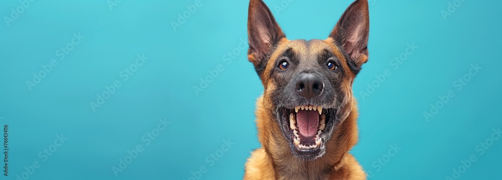 Growling and flashing her teeth, the Belgian Malinois shepherd dog ...