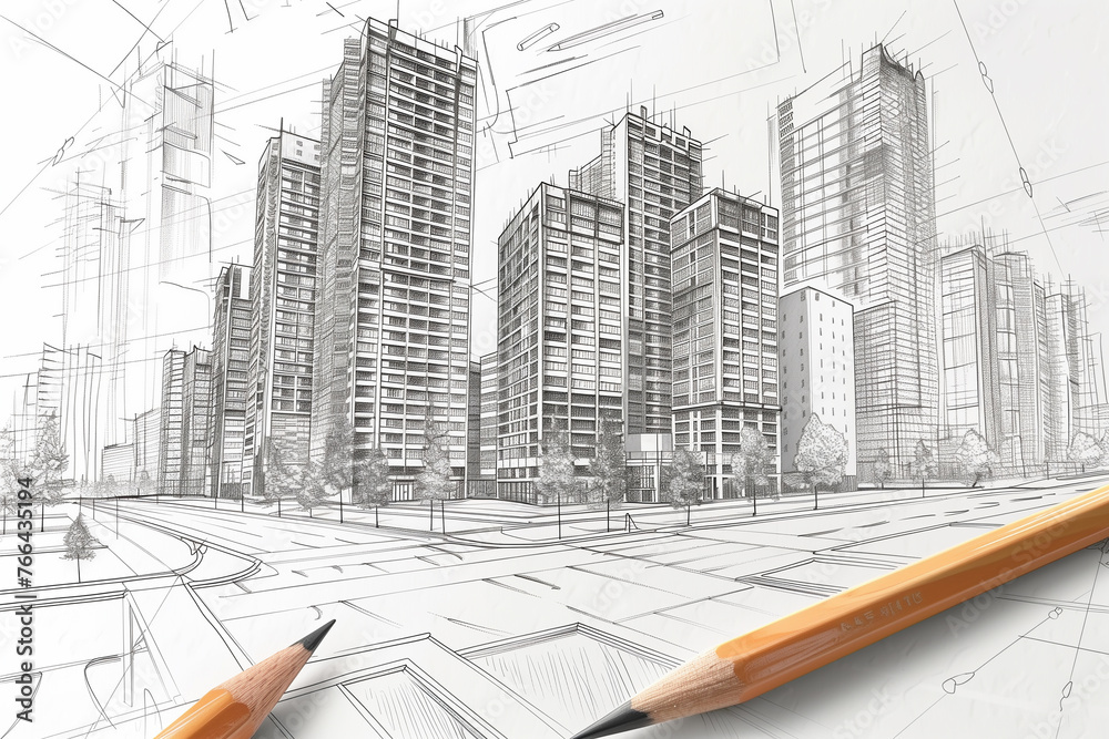 pencil drawing vector drawing with real estate concept, skyscraper view ...