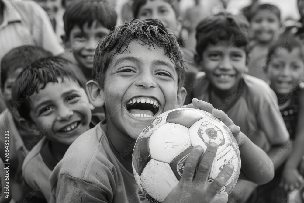 Children joyfully play a game of soccer on a dusty field in a rural ...