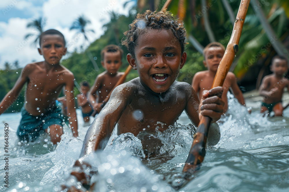 Exuberant children swimming and splashing in a river, with one boy ...