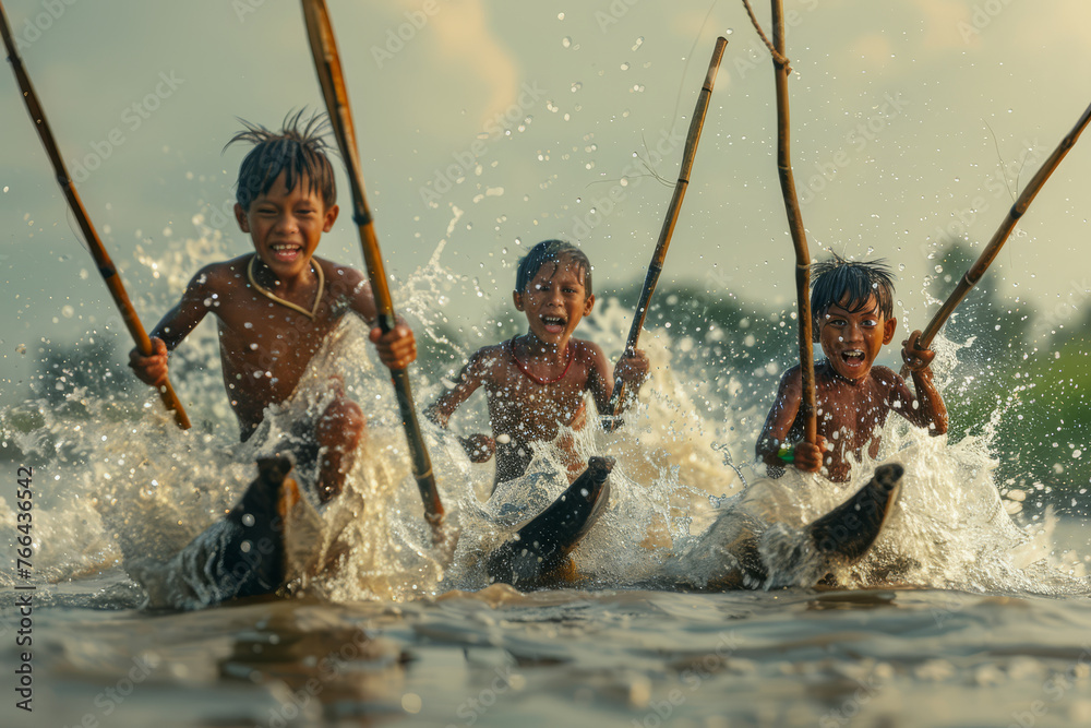 Foto de Exuberant children swimming and splashing in a river, with one ...