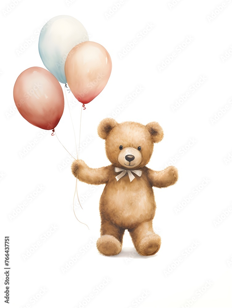 Cute teddy bear holding balloons, soft pastel colors, clipart style ...