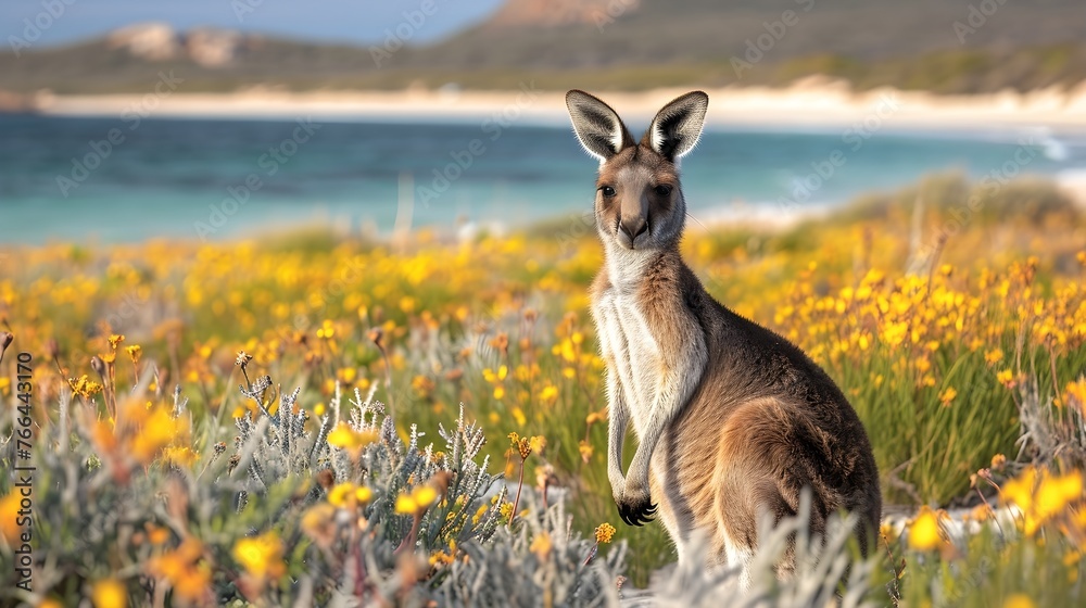 Kangaroo in the wildflowers of California's West connected to the beach ...