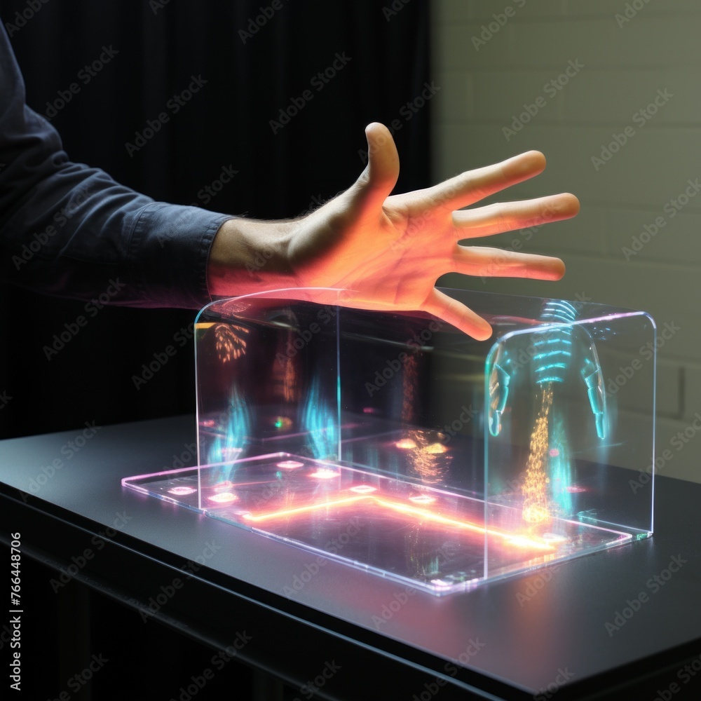 Hand interacting with a 3D augmented reality display of a human figure ...