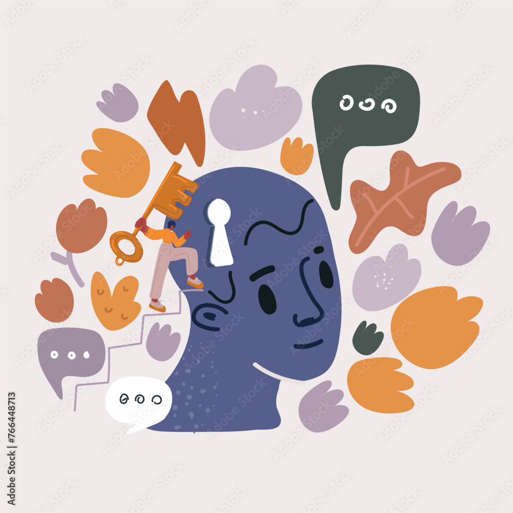 Cartoon vector illustration of Woman try to open someone mind with big ...