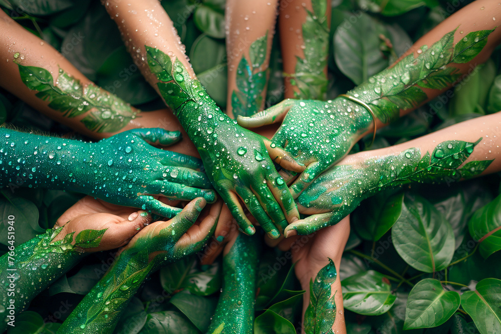Painted green hands coming together in a circle, covered in dew over a ...
