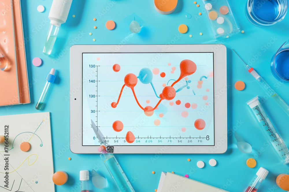 A digital tablet displaying growth curves of cartilage cells, the ...
