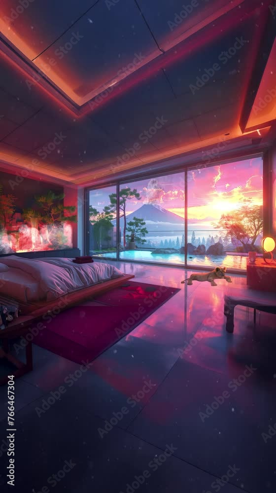 Vidéo Stock Surreal lo-fi bedroom overlooking a serene landscape with a ...