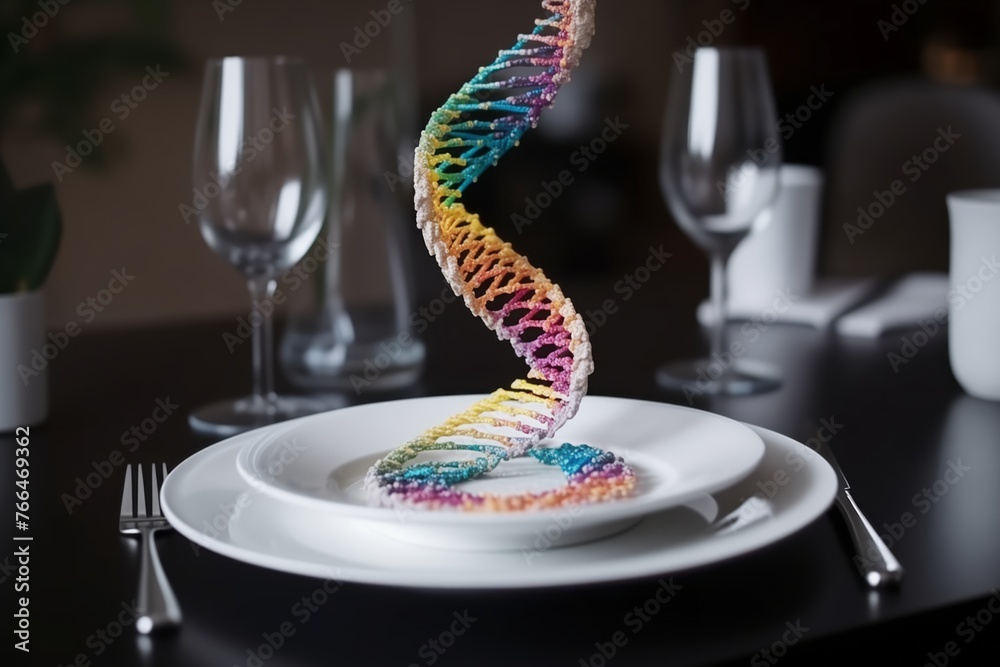 Genetically modified DNA and genes depicted on a plate, fork, and knife ...