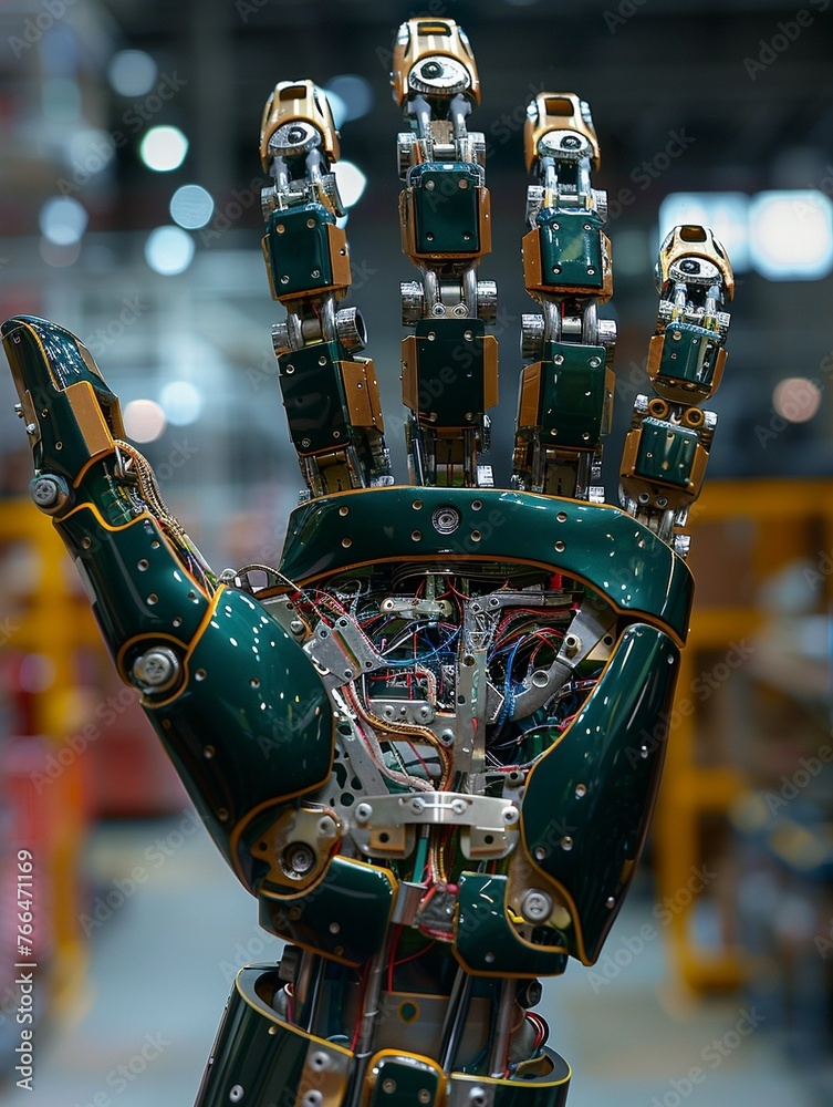Create a striking close-up image of a robotic hand reaching out ...