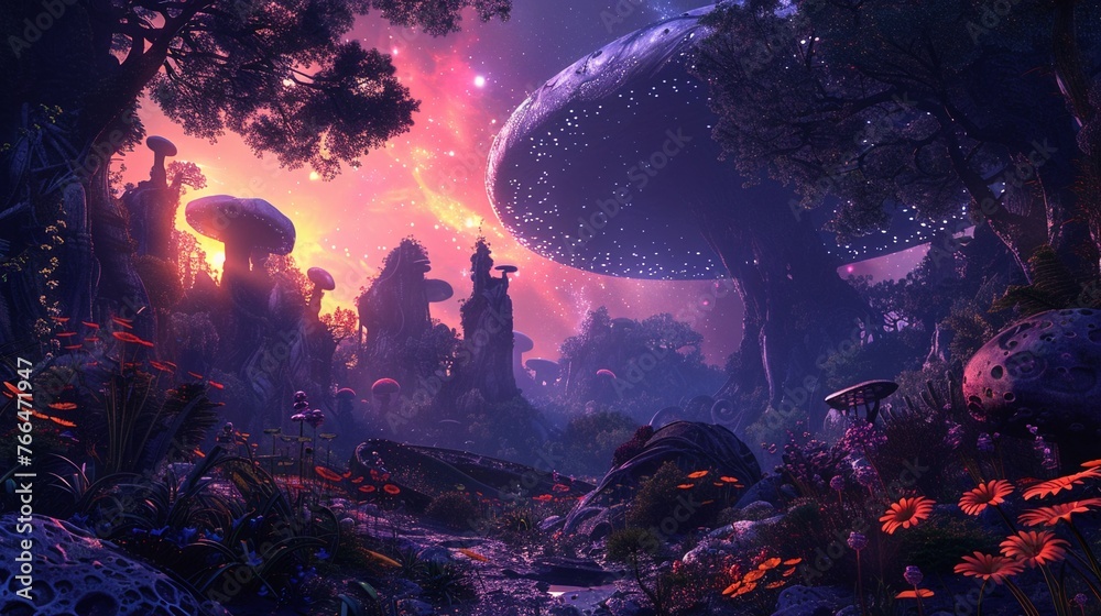 Imagine a mesmerizing alien landscape with bizarre flora and fauna seen ...