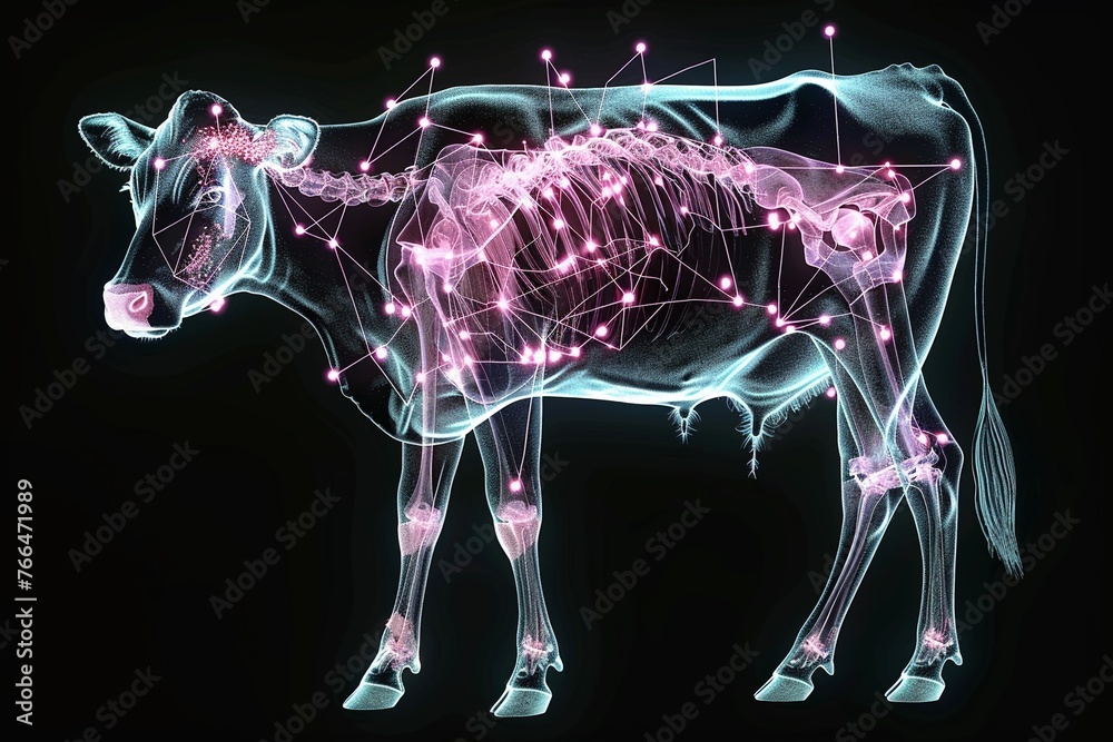 A detailed X-ray image showing the internal anatomy of a cow including ...