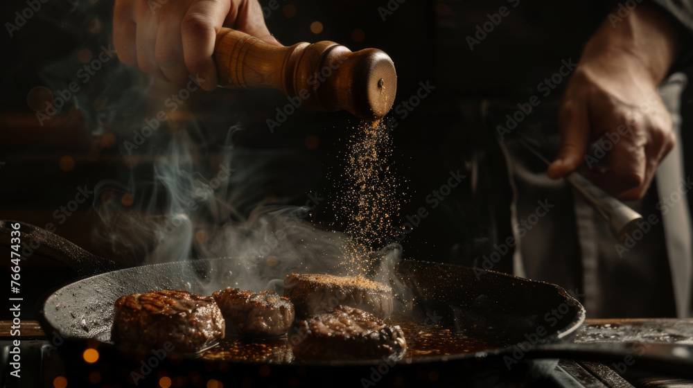 Hands season sizzling steaks in a cast iron skillet, capturing the ...