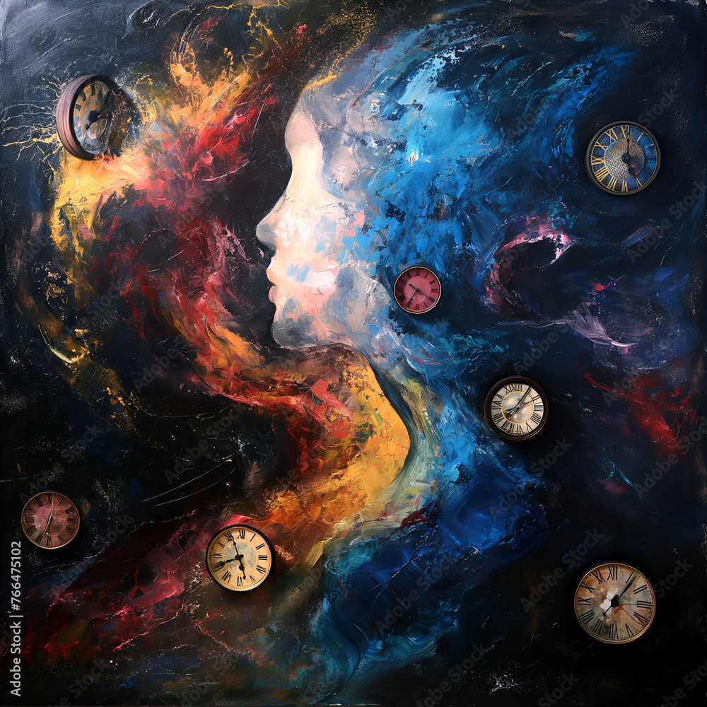 An abstract painting intertwines the cosmos with floating clocks and a ...