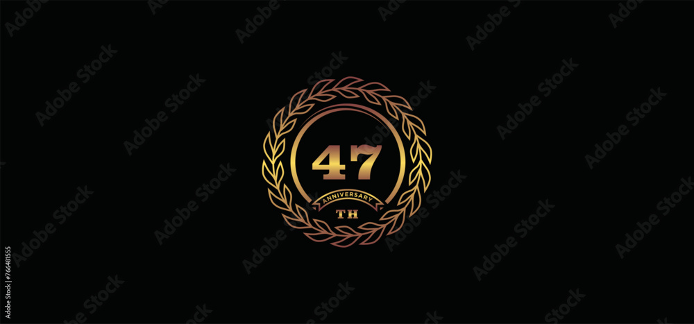 47st anniversary logo with ring and frame, gold color and black ...
