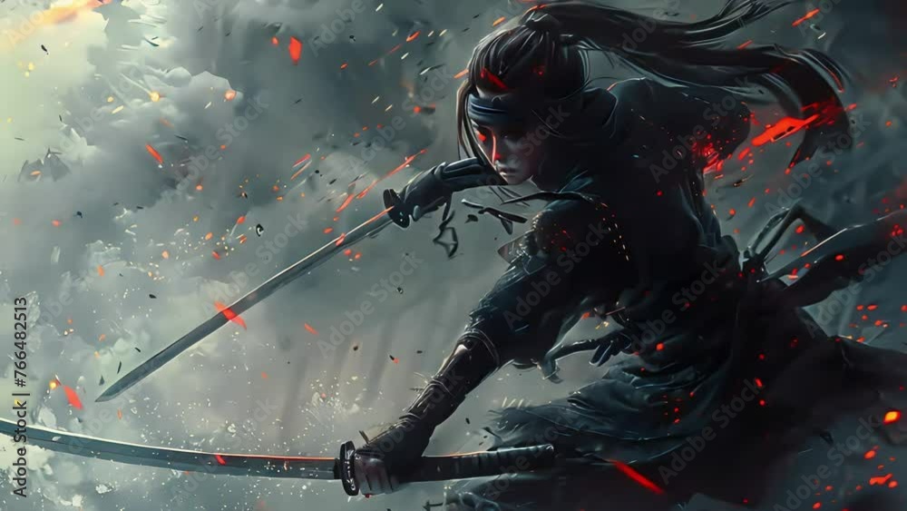 Ninja girl with a sword in battle. Freeze Frame. Generative AI Stock ...