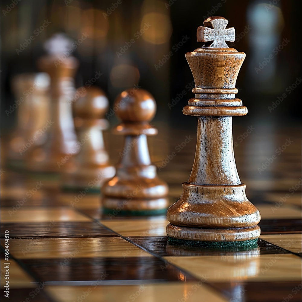 A wooden chess king and pawn standing on a chessboard, highlighted by a ...