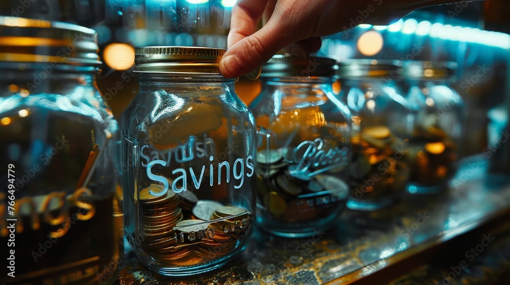 Hand placing coins into labeled glass jars for budgeting savings ...